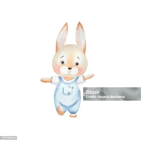 파란색 바지에 행복 한 아기 토끼 수채화 그림 흰색 배경에 고립되어 있습니다 손으로 그렸습니다 어린이의 생일 부활절 카드 배너 직물 0명에 대한 스톡 벡터 아트 및 기타