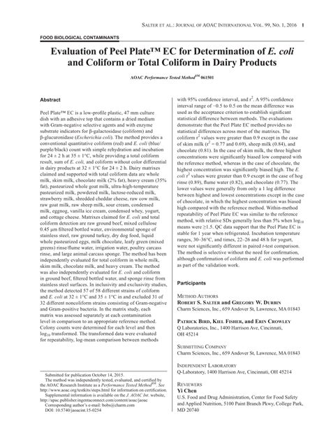 Pdf Evaluation Of Peel Plate™ Ec For Determination Of E Coli And Coliform Or Total Coliform