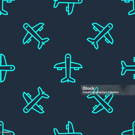 녹색 라인 평면 아이콘 은 파란색 배경에 원활한 패턴을 격리 비행 비행기 아이콘 여객기 기호 벡터 개념에 대한 스톡 벡터 아트 및 기타 이미지 Istock
