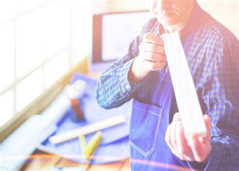 Architect Working On Drawing Table In Office Stock Image Image Of