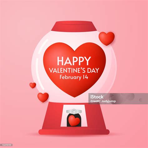 분홍색 배경에 빨간색 파란색과 흰색 풍선껌 하트로 채워진 자동 판매기의 심장 투명 유리로 된 그림 발렌타인 데이 3차원 형태에