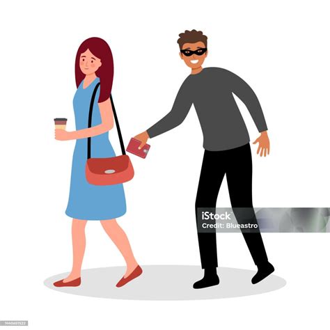 도둑이 흰색 배경에 평평한 디자인의 여성 가방에서 지갑을 훔치고 있다 소매치기 개념 벡터 그림입니다 소매치기 도둑질 범죄에 대한