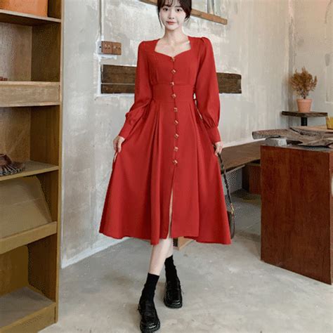 하트넥 어깨 퍼프 핀턱 레드 롱드레스 겨울 신상 크리스마스 연말 파티룩 빅사이즈 통통이 체형커버 스퀘어 네모 버튼 허리슬림 앞트임 셔링 롱원피스 3xl 4xl