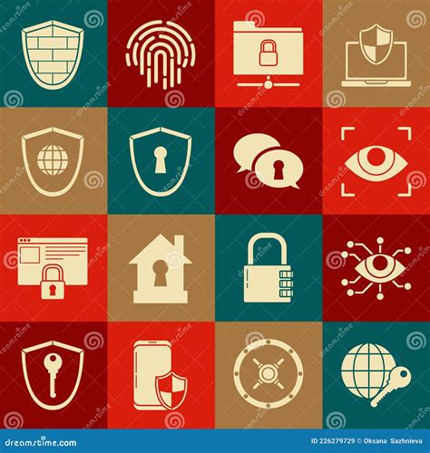 Set Globe Key Eye Scan Ftp Folder And Lock Shield With Keyhole World Globe Cyber Security