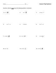 HW Inverse Trig.pdf - Inverse Trig Functions Name Per Directions: Write the exact value of the ...