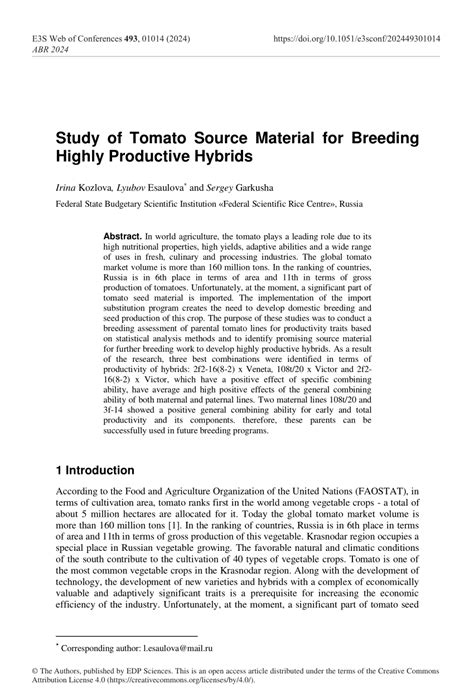Pdf Study Of Tomato Source Material For Breeding Highly Productive