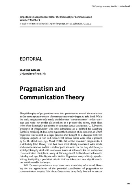 Pdf Pragmatism And Communication Theory