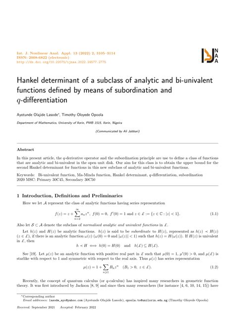 Pdf Hankel Determinant Of A Subclass Of Analytic And Bi Univalent