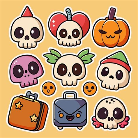 A Set Of 9 Cute Cartoon Skull Stickers In Different Styles Premium Ai