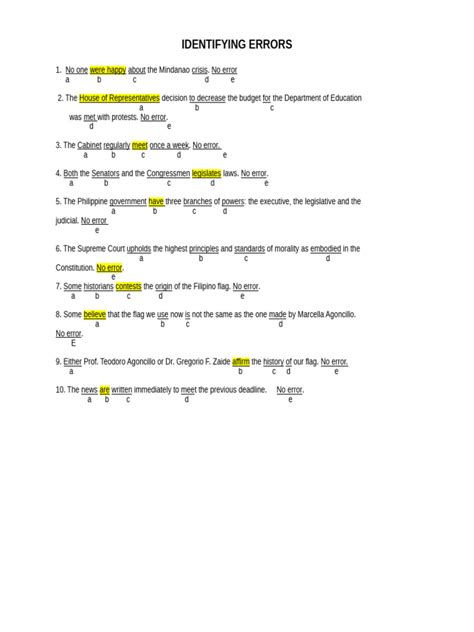 Identifying Errors With Answer Key Pdf