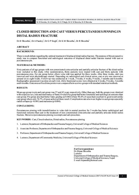 Pdf Closed Reduction And Cast Versus Percutaneous Pinning In Distal Radius Fracture