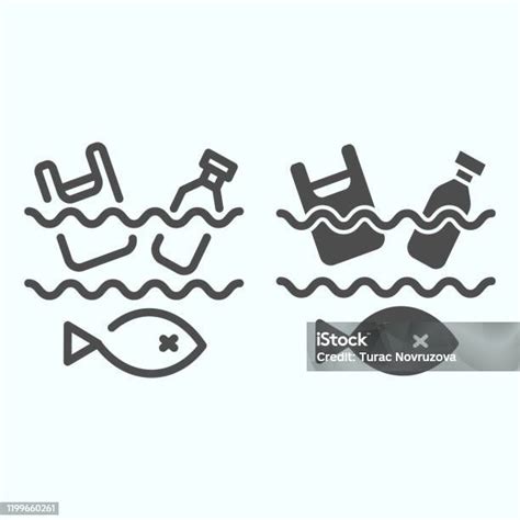 바다 쓰레기 선과 단색 아이콘입니다 흰색에 고립 된 더러운 바다 오염 그림 플라스틱 쓰레기와 생선 윤곽 스타일 디자인 웹 및 응용 프로그램을 위해 설계 된 병 Eps 10