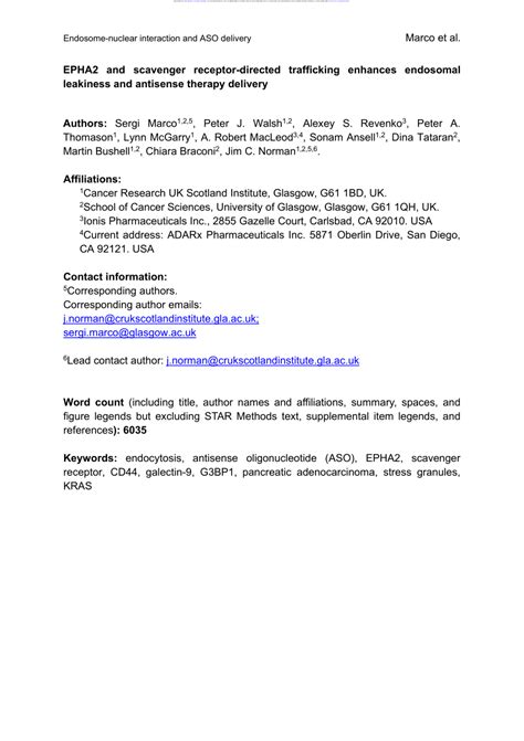 Pdf Epha2 And Scavenger Receptor Directed Trafficking Enhances Endosomal Leakiness And