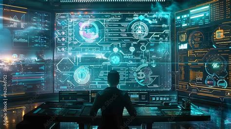 programmer surrounded by holographic data screens analyzing big data
