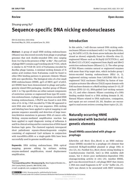 Pdf Sequence Specific Dna Nicking Endonucleases