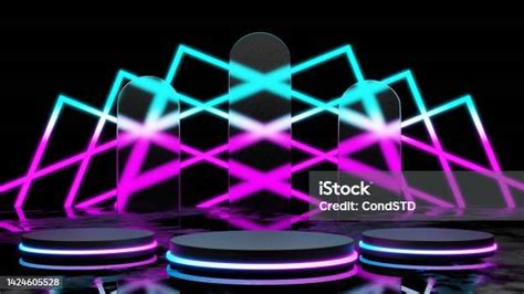 3d 렌더링 네온 라이트와 현대 모형 연단 디스플레이 제품 쇼케이스 광고를위한 미래 지향적 인 받침대 빈 플랫폼 0명에 대한 스톡 사진 및 기타 이미지 Istock
