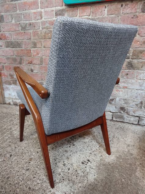 1950s Newly Upholstered Grey Fabric Retro Vintage Teak Armchair For