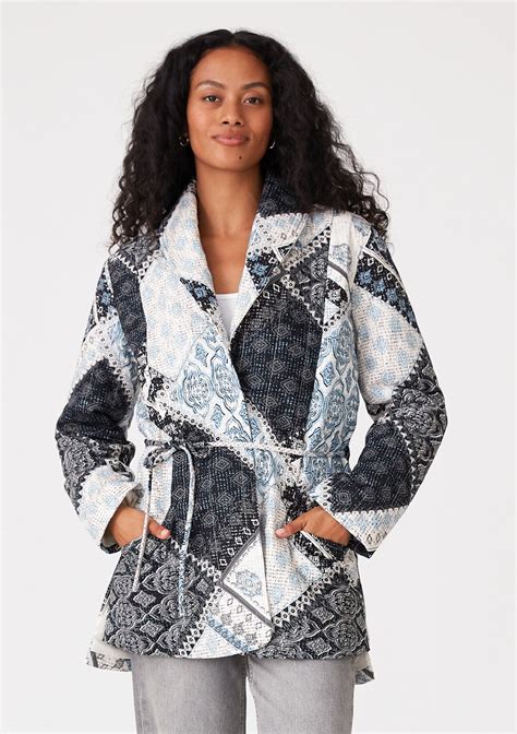 Womens Blue Patchwork Shawl Collar Quilted Jacket Lovestitch