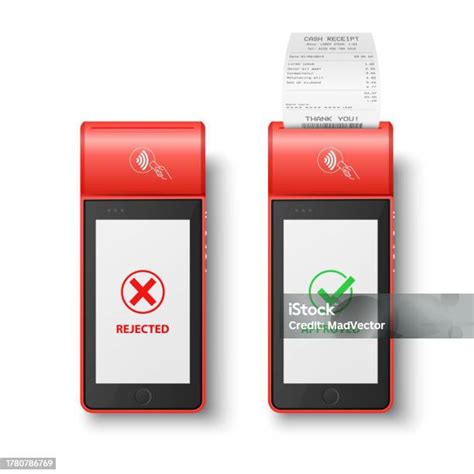벡터 3d 레드 Nfc 결제 기계 거부 및 승인 상태 종이 현금 영수증 청구서 지불 Pos 단말기 은행 지불 비접촉식 단말기의 기계 설계 템플릿 모형 상의 View 3차원