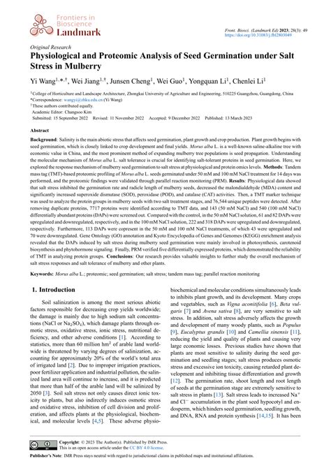 Pdf Physiological And Proteomic Analysis Of Seed Germination Under Salt Stress In Mulberry