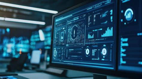 Computer Screen Showing Futuristic User Interface Graphs Statistics Modern Monitoring Room Stock ...