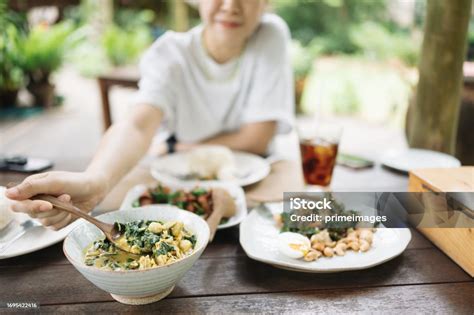 Pov Eating Outdoor Traditional Thai Culture Style Food Krabi Thailand
