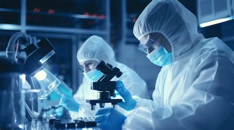 Scientists Wearing A Protective Suit Study Dangerous Substances Under A