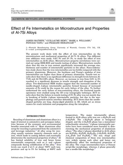Pdf Effect Of Fe Intermetallics On Microstructure And Properties Of Al 7si Alloys