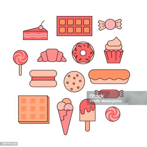 디저트케이크 도넛 아이스크림 및 크로 마 카 롱와 와플의 큰 달콤한 집합입니다 평면 및 선 스타일에 벡터 그림입니다 개체 그룹에