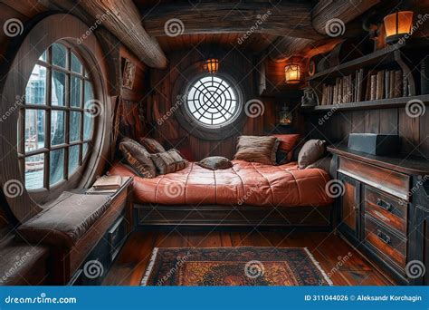 Interior Of Captain Cabin Bedroom On Medieval Pirate Ship Inside Wooden Ancient Sail Boat Stock