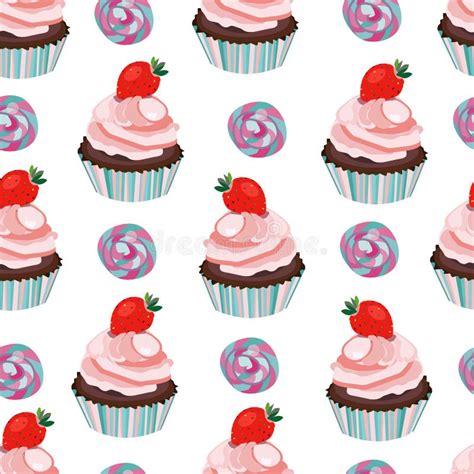 Vector Seamless With Cupcake Muffin Cake And Candy Pattern Strawberry Dessert Stock Vector