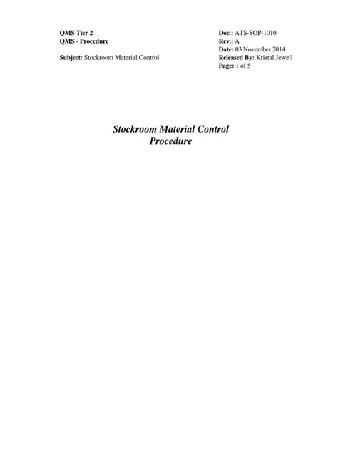 Material Control Procedure Template Pdf Shelf Life Quality