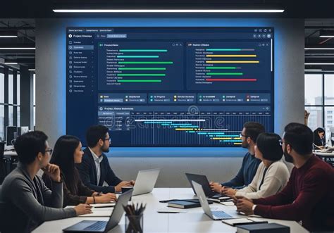 Digital Screen Showing Progress Bars And Gantt Chart Interface In Office Workspace Symbolizing