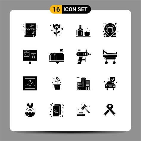 pack of 16 creative solid glyphs of coding store cup shop market