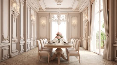 자연 채광과 전통적인 패널이 있는 우아한 식사 공간 베이지색 인테리어 디자인의 3d 렌더링 그림 주방 디자인 식당 고급 주방 배경 일러스트 및 사진 무료 다운로드