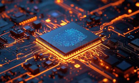 High Tech Microprocessor On Circuit Board With Glowing Connections And
