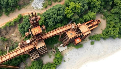 Aerial View Of An Industrial Structure With Rust Conveyor Belts And Machinery Surrounded By Lush