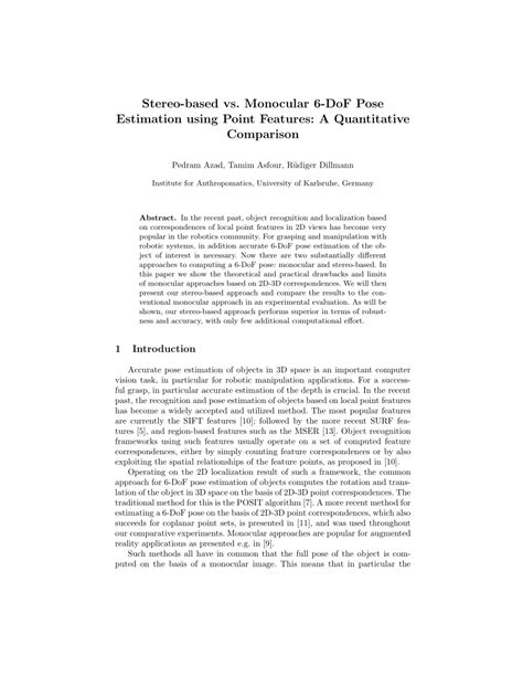 Pdf Stereo Based Vs Monocular 6 Dof Pose Estimation Using Point