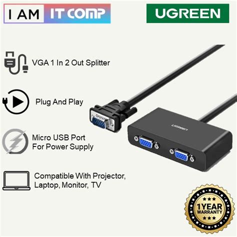 UGREEN VGA 1 In 2 Out Splitter Micro USB Port Support 1080P 60Hz Stable Transmission