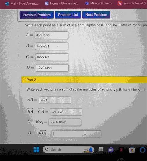 write each point as a sum of scalar multiples of v1