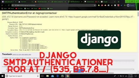 Django Smtpauthenticationerror At 535 B578 Username And Password Not Accepted Youtube