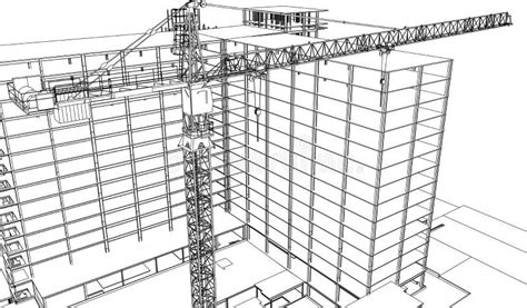 Under Construction Site Engineering Frame Structure And Tower Crane 3d Illustration Line Stock