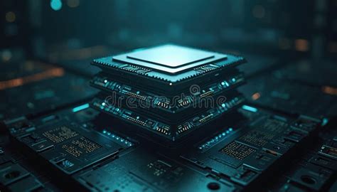 Futuristic Cpu Stack In Dark Tech Setting Central Processing Unit