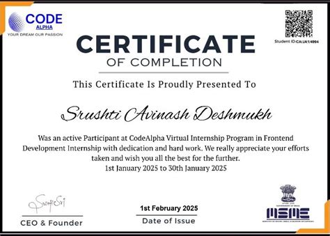 Srushti Deshmukh On Linkedin Frontenddevelopment Internship Codealpha Learning Growth