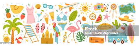 여름 해변 요소가 귀여운 큰 세트입니다 바다 휴가를 위한 휴가 액세서리 만화 벡터 일러스트 레이 션 개체 그룹에 대한 스톡 벡터 아트 및 기타 이미지 Istock