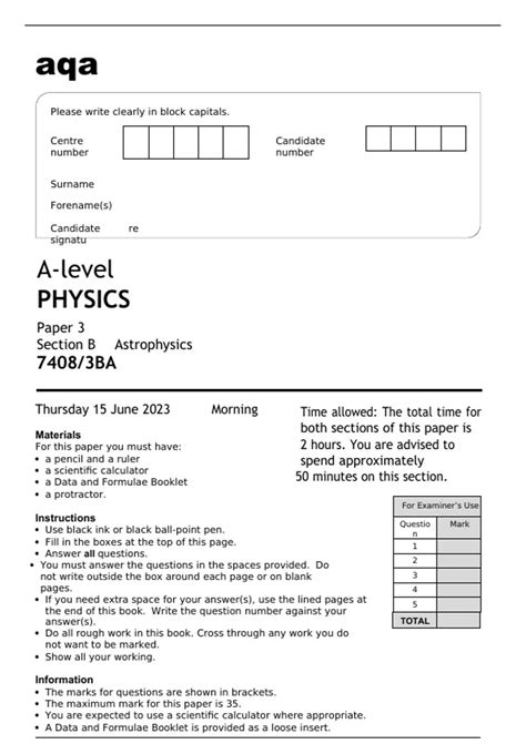 Aqa A Level PHYSICS Paper 3 Section B Astrophysics 7408 3BA JUNE 2023 QUESTION PAPER A Level