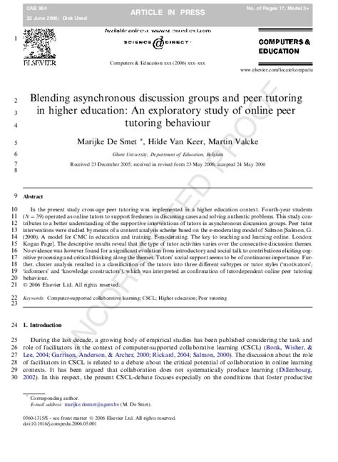Pdf Blending Asynchronous Discussion Groups And Peer Tutoring In Higher Education An