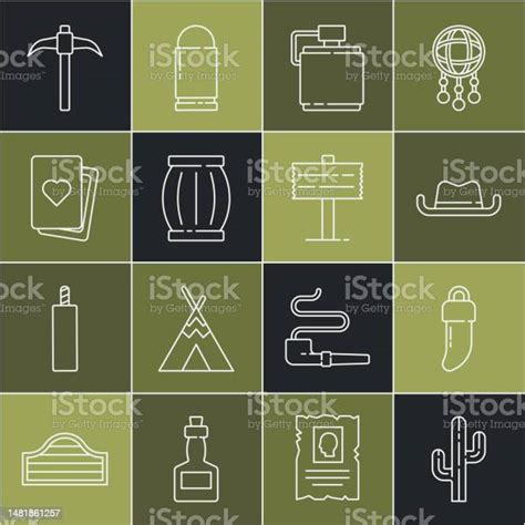 세트 라인 선인장 치아 서양 카우보이 모자 매점 물병 화약 배럴 카드 놀이 데크 곡괭이 및 도로 교통 표지판 아이콘 벡터 개척시대의 서부에 대한 스톡 벡터 아트 및 기타