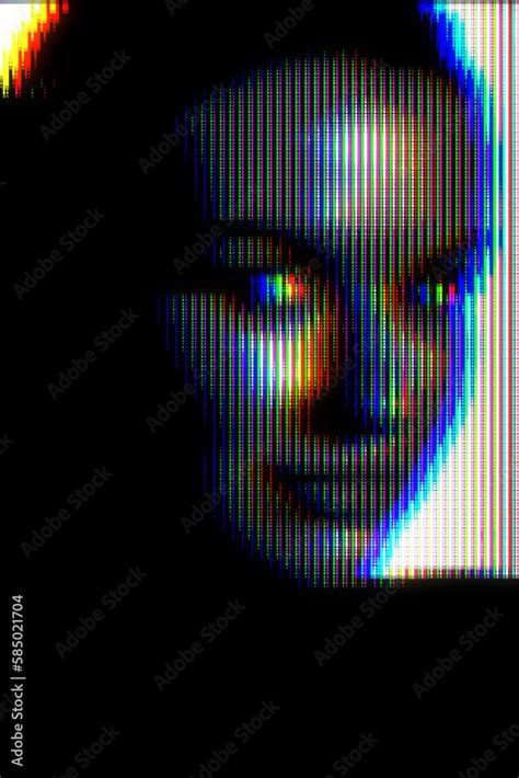 Abstract Woman Portrait Illustration In Halftone Television Screen Pixels Pattern In RGB Color
