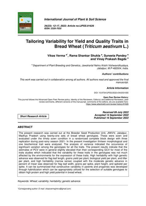 Pdf Tailoring Variability For Yield And Quality Traits In Bread Wheat